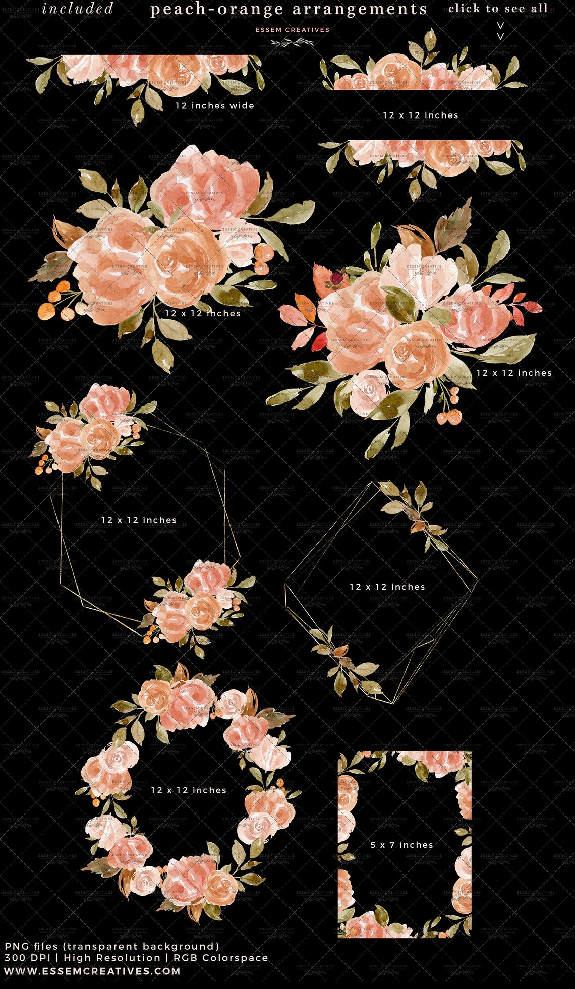 Peach Orange Floral Wreath Clipart Boho Floral Frame Clip | Etsy