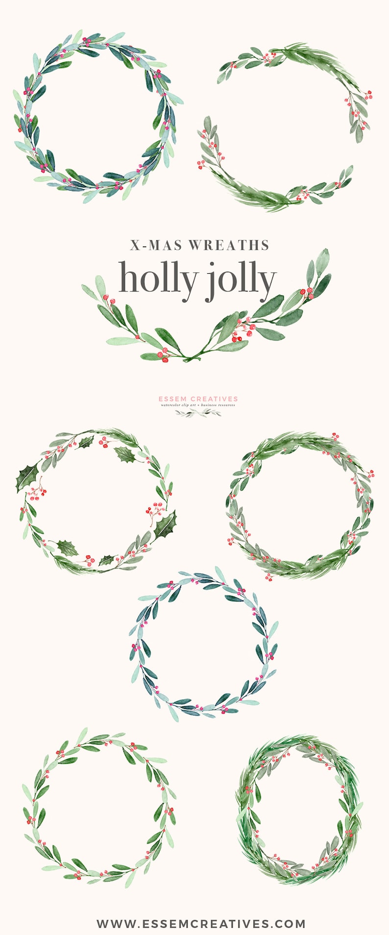 Christmas Wreath Clipart Holly Jolly Clip Art Watercolor - Etsy India