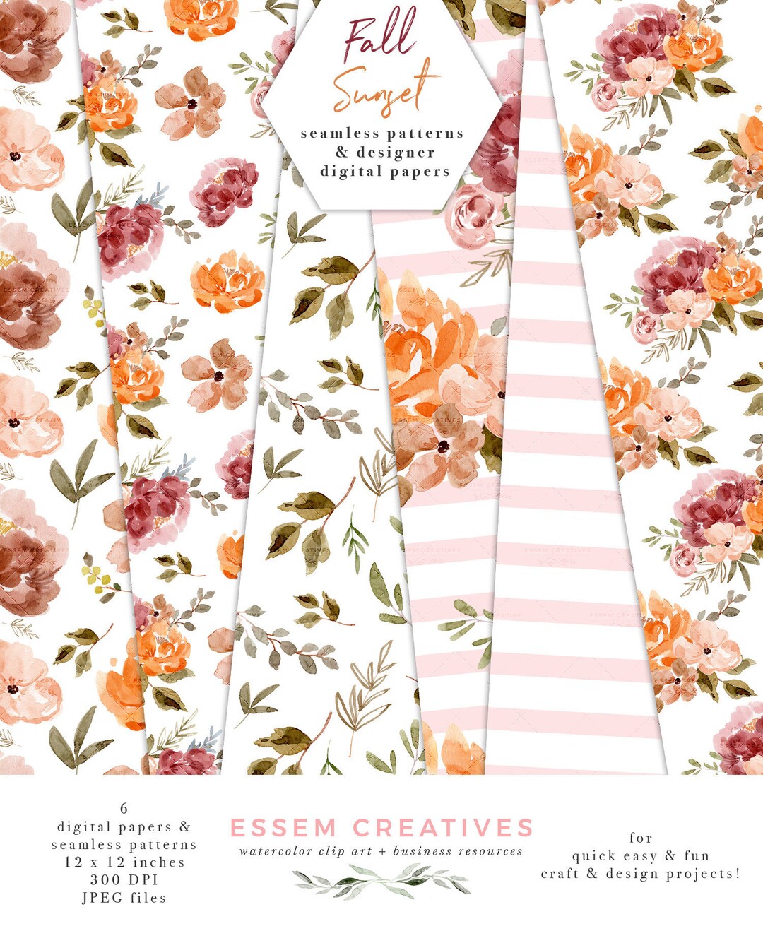 Fall Floral Digital Paper Pack, Thanksgiving Scrapbook Paper, Fall ...