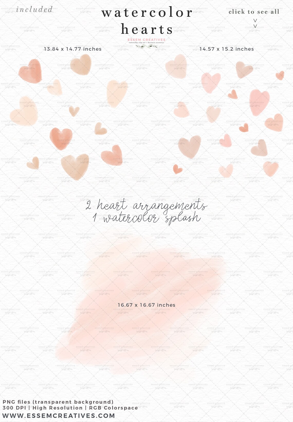 Watercolor Hearts Clipart PNG Valentines Day Clipart - Etsy