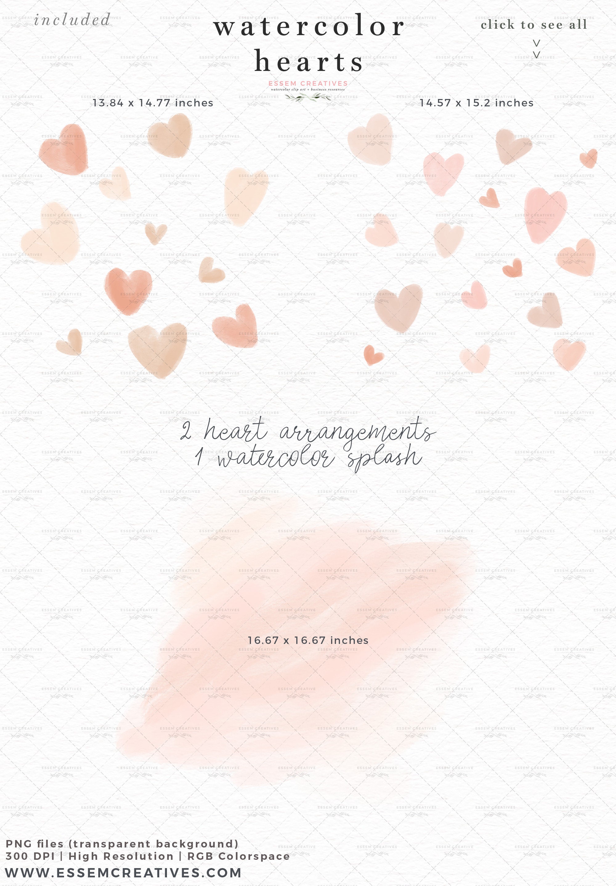 Watercolor Hearts Clipart PNG Valentines Day Clipart - Etsy