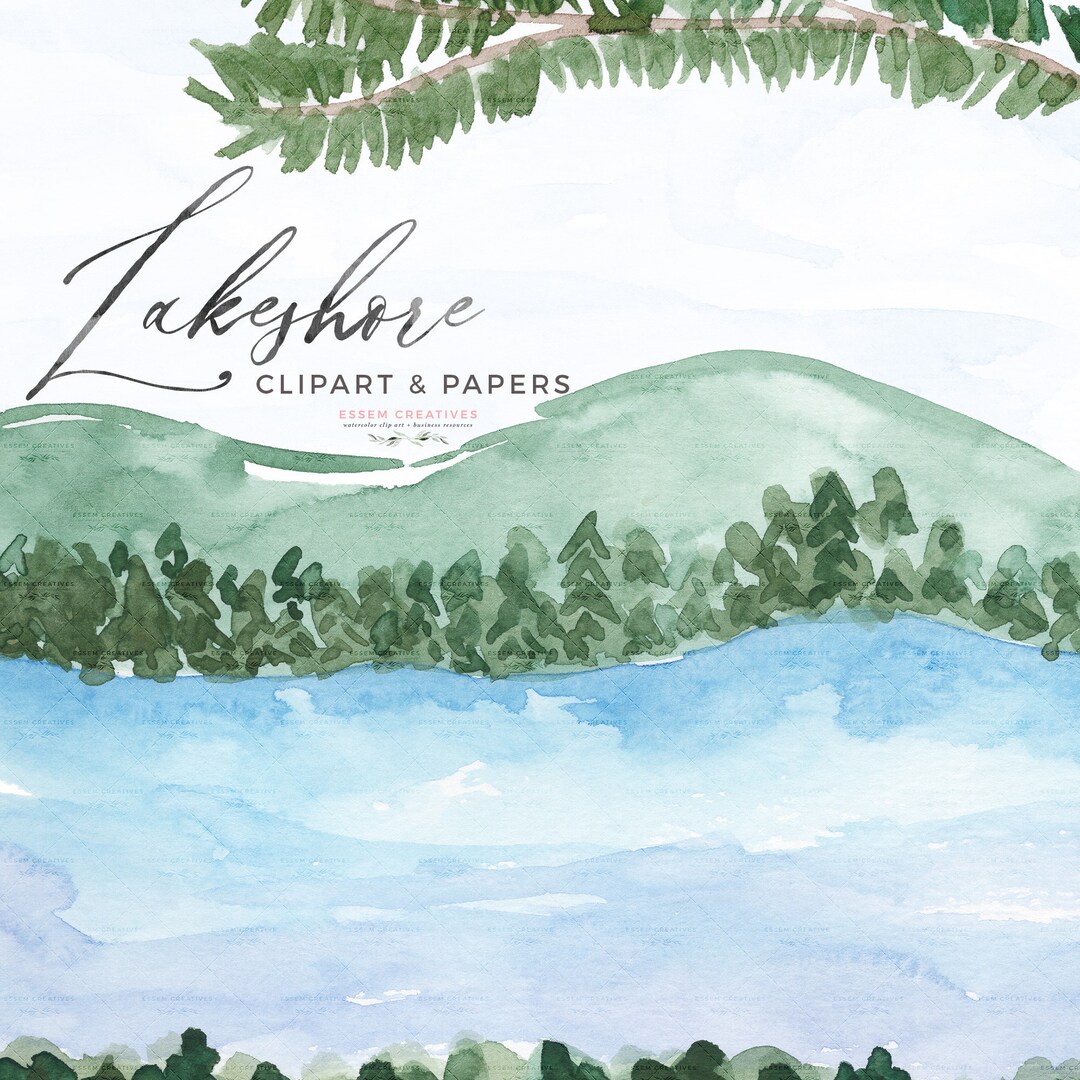 Watercolor Lake Clipart, Lakeshore Background, Ocean Lakeside Summer ...