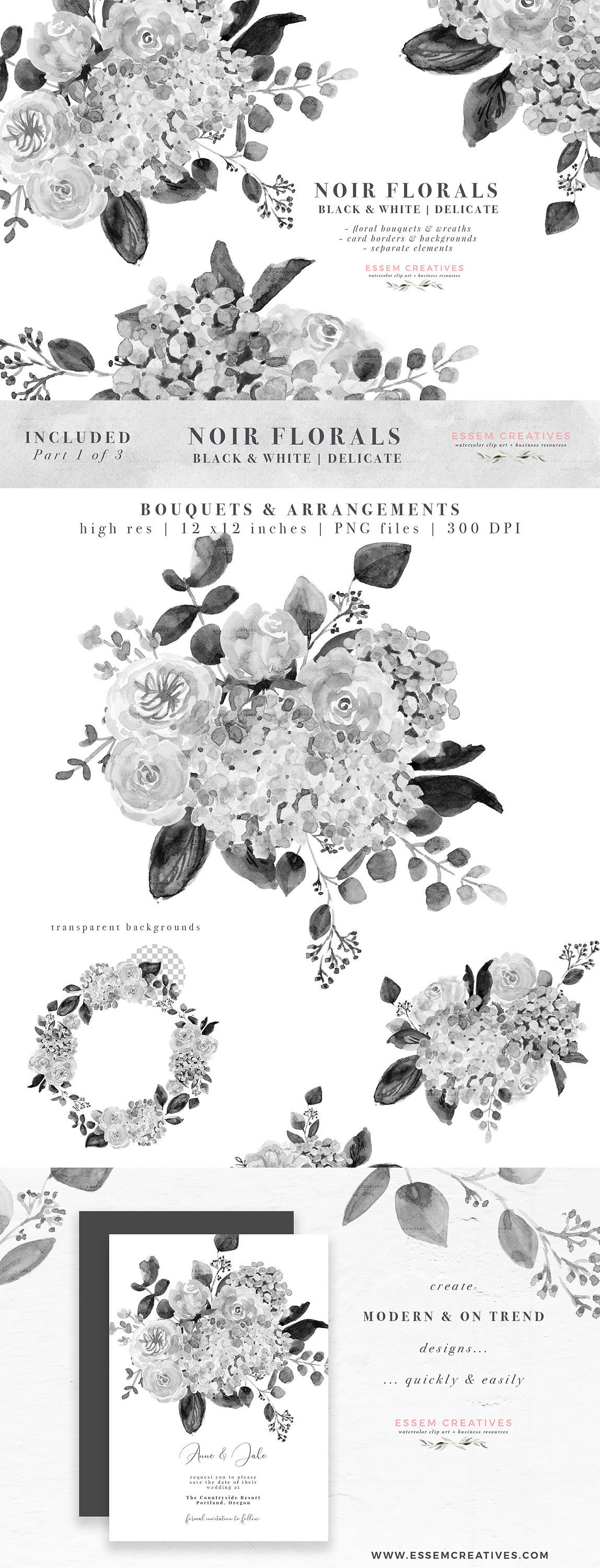 Black and White Floral Watercolor Clipart Floral Border | Etsy