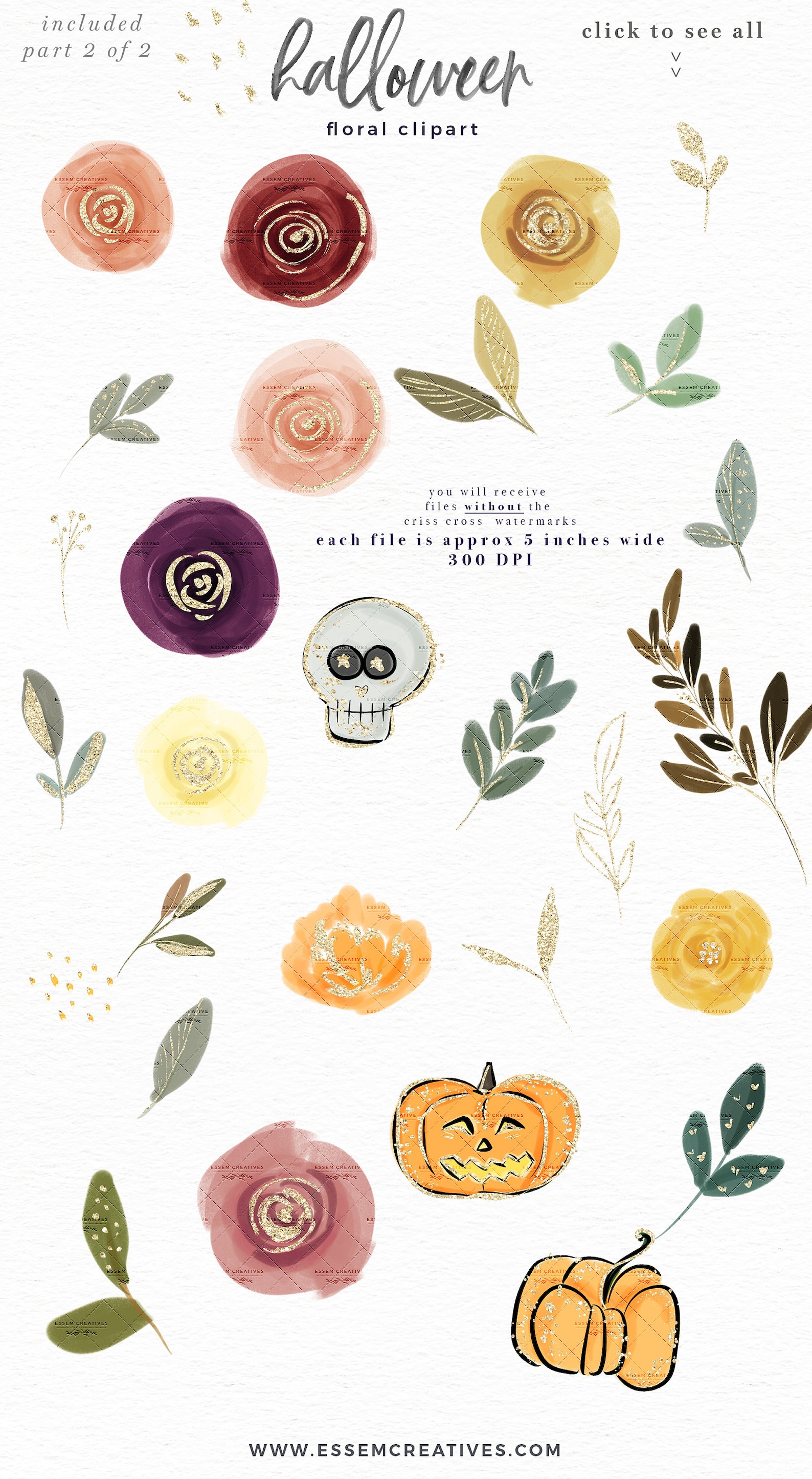 Watercolor Halloween Floral Clipart Gold Glitter, Fall Spooky Pumpkin ...