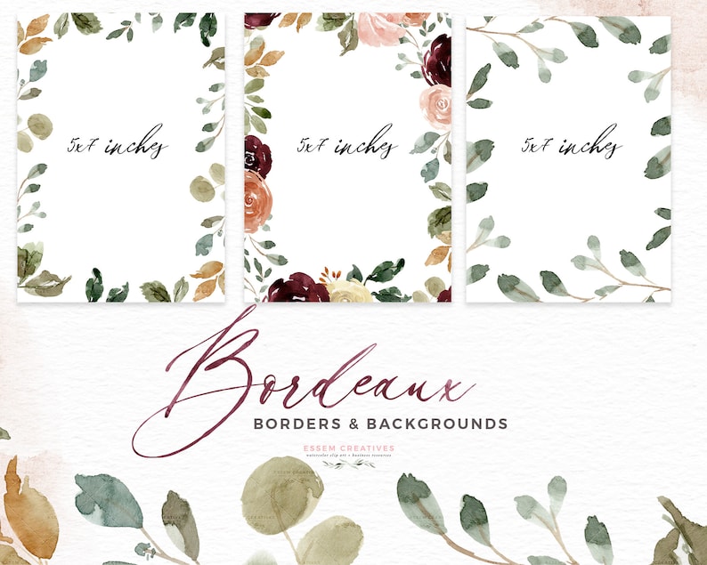 Burgundy Watercolor Floral Frames Card Borders Backgrounds - Etsy