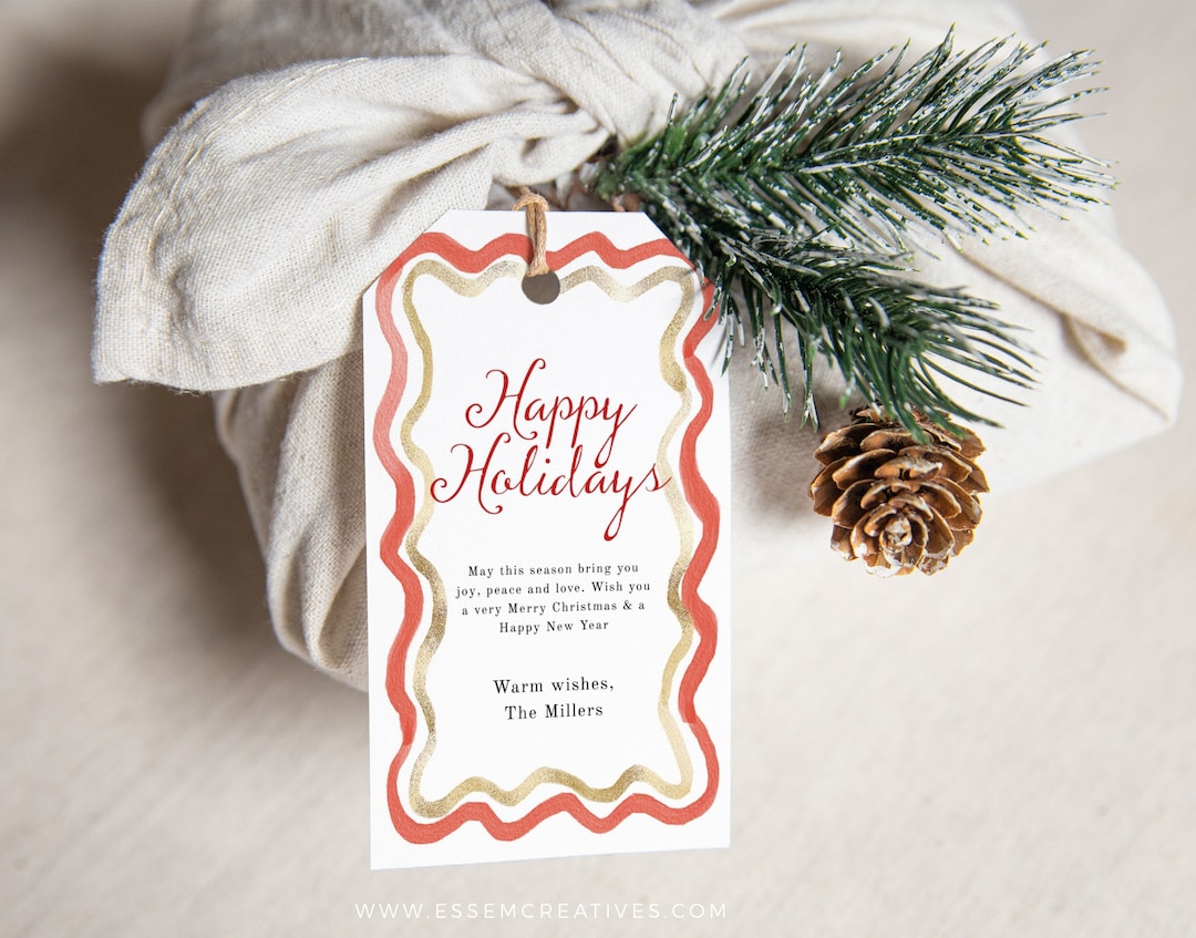 Red and Gold Wavy Lines Gift Tag, Watercolor Christmas Tag, Holiday ...