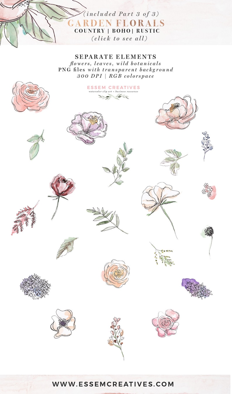 Garden Watercolor Flowers Clipart Digital Papers Country - Etsy UK