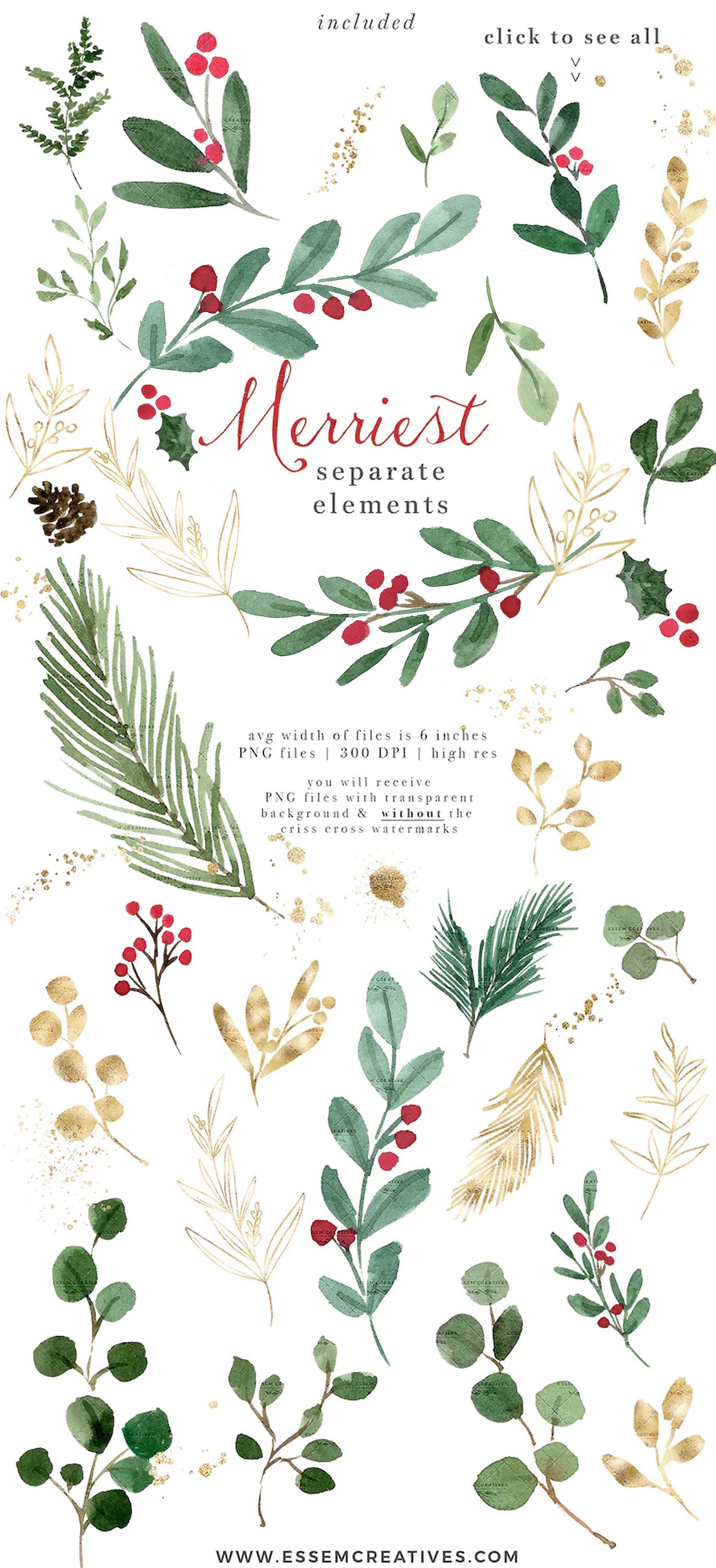 Watercolor Christmas Clipart Christmas Leaves Foliage - Etsy