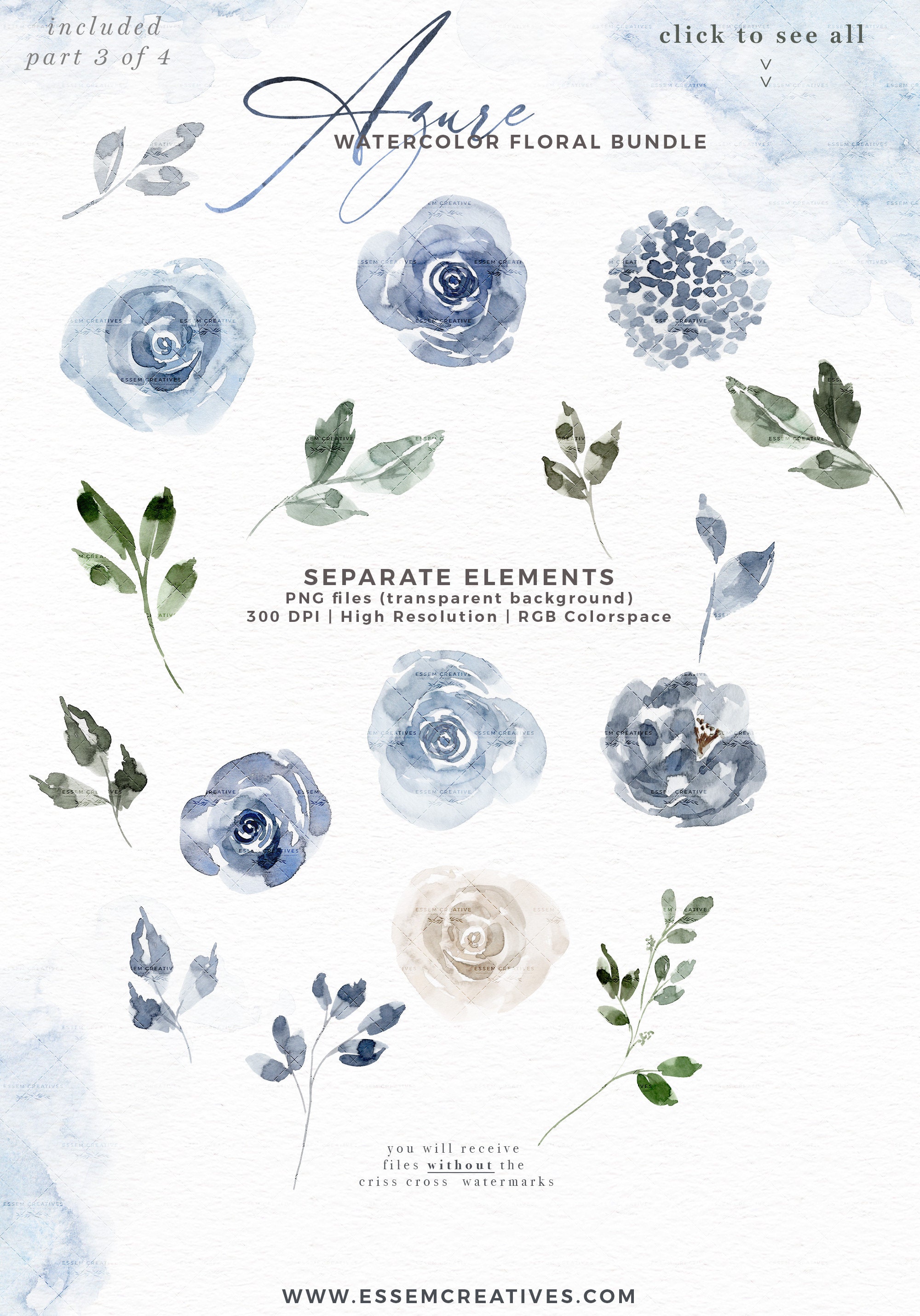 AZURE Blue Watercolor Flowers Clipart Winter Floral Clip Art - Etsy India