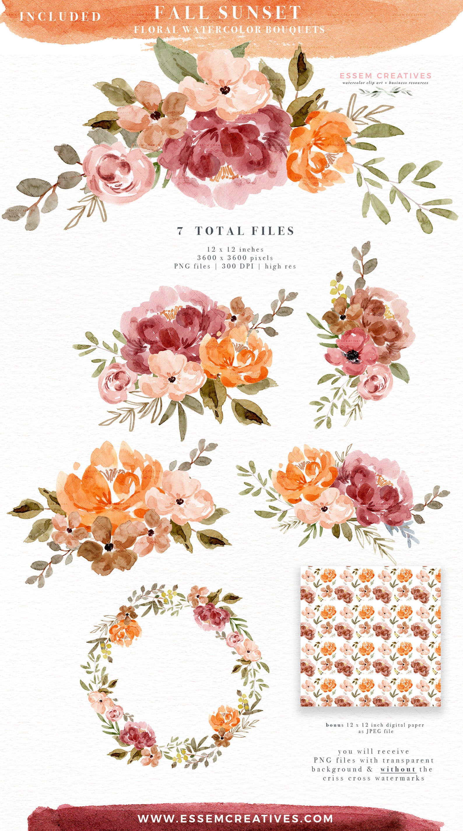 Fall Floral Watercolor Clipart, Orange Rust Thanksgiving Clipart, Fall ...