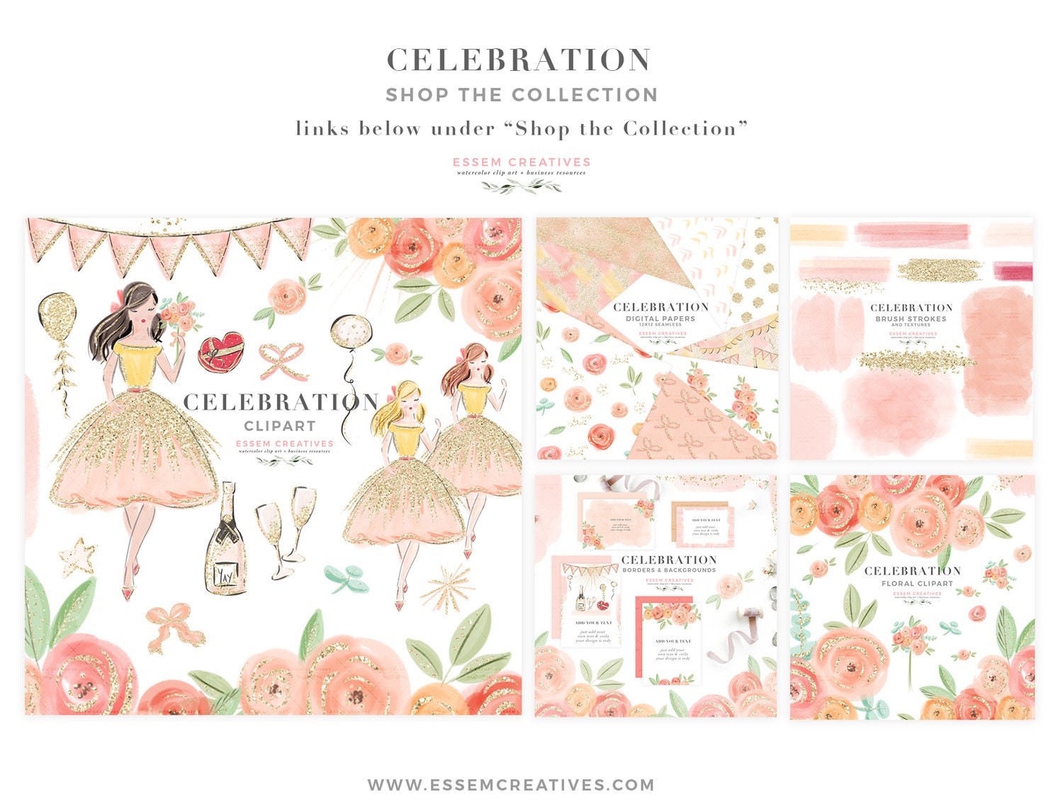 Peach Pink Watercolor Floral Clipart, Cute Whimsical Flowers Clip Art ...