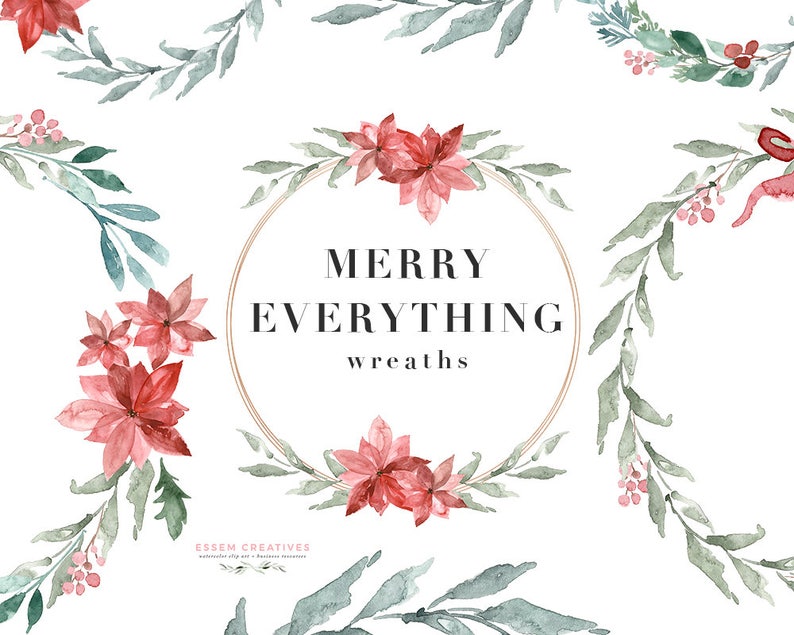 Watercolor Christmas Wreath Clipart Poinsettia Clipart - Etsy