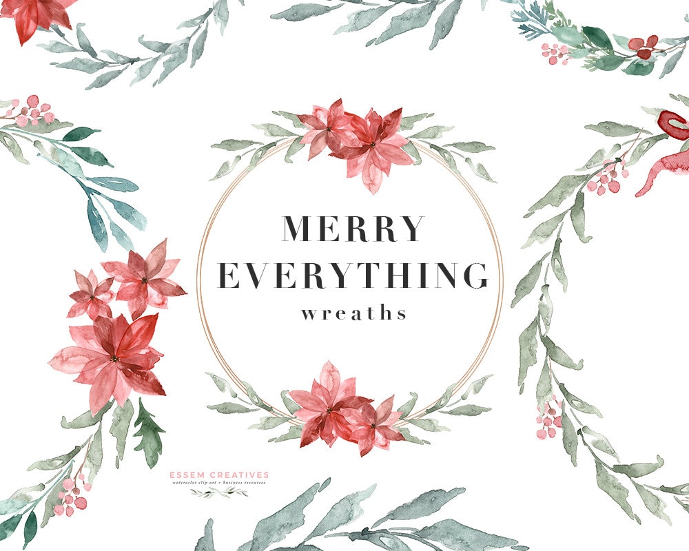 Watercolor Christmas Wreath Clipart Poinsettia Clipart - Etsy