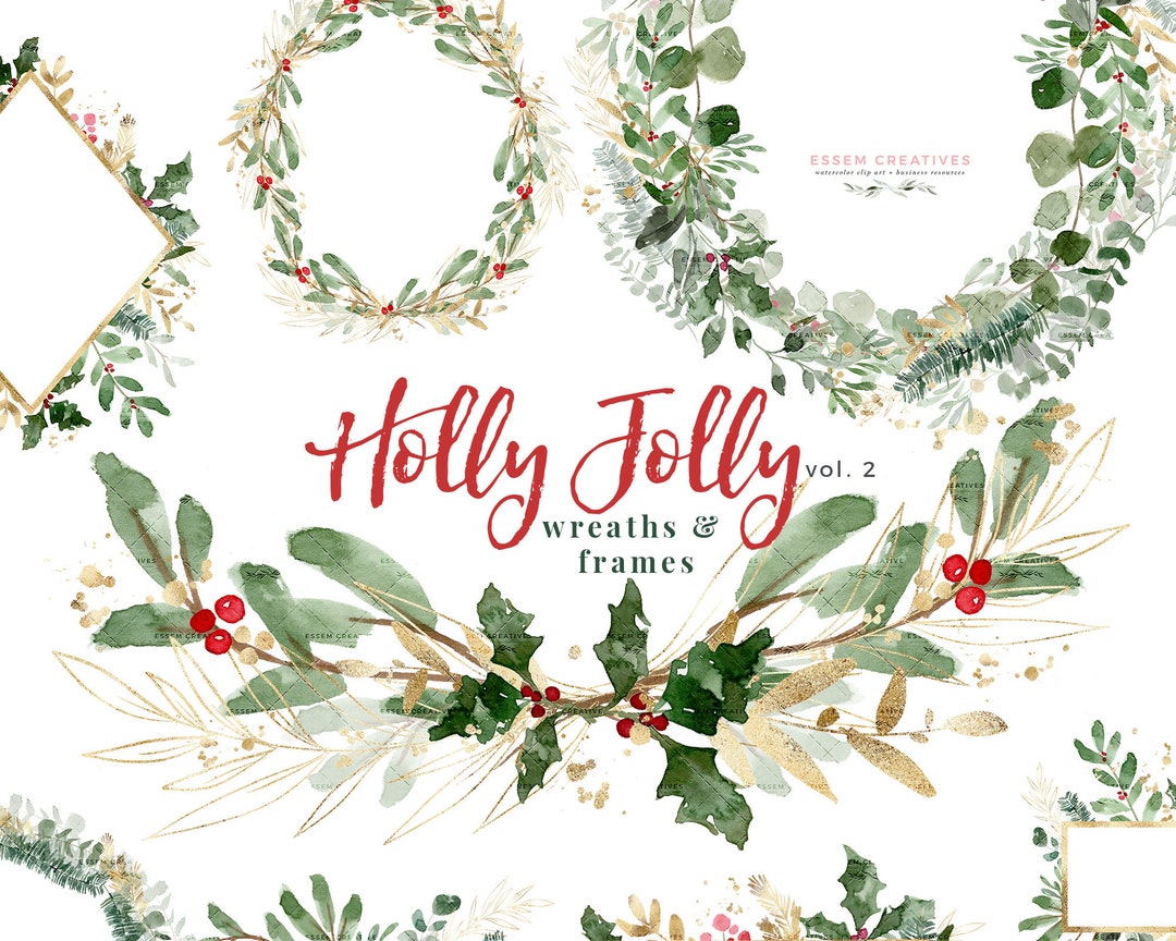 Christmas Wreath Clipart, Holly Jolly Clip Art, Watercolor Winter ...