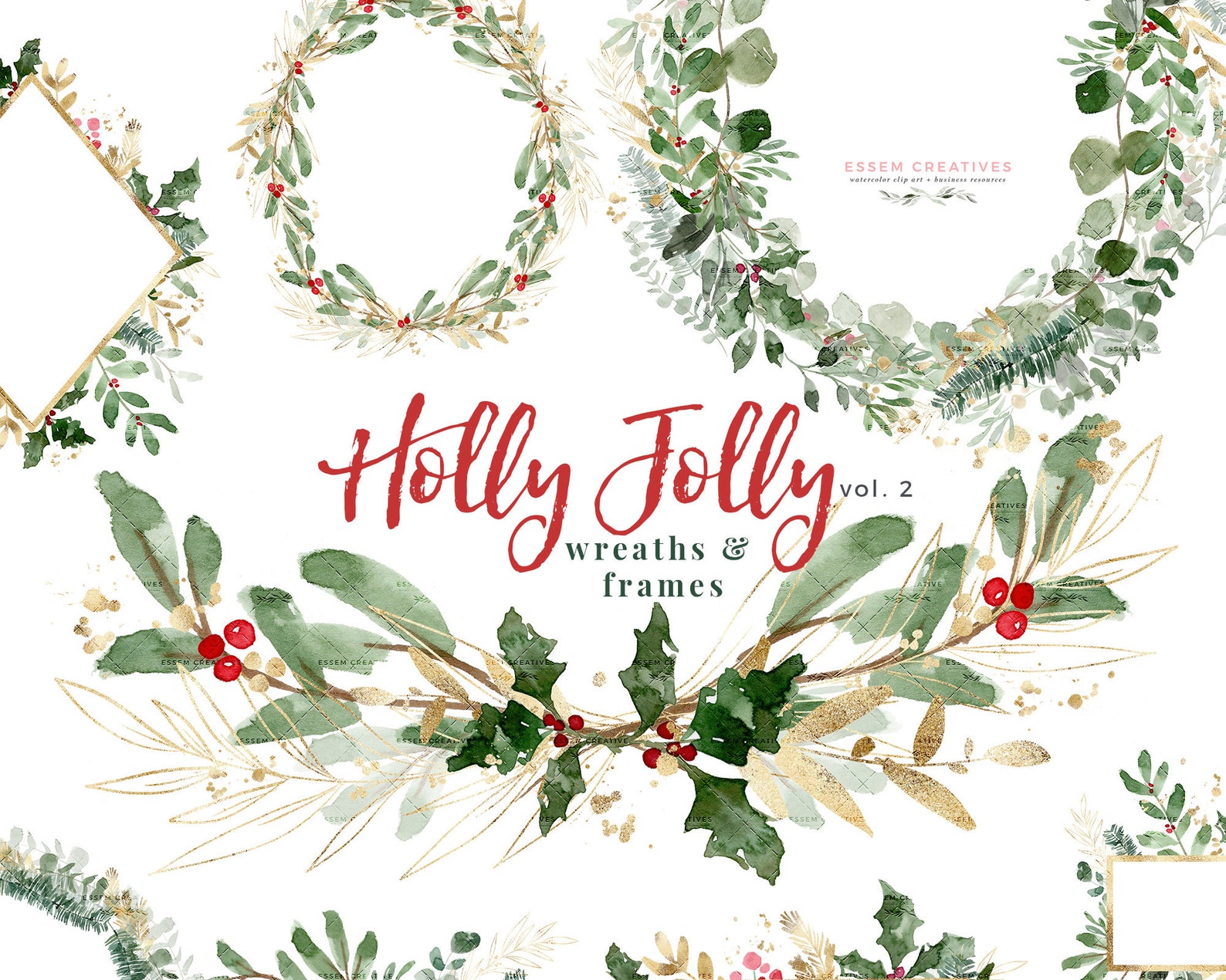 Christmas Wreath Clipart Holly Jolly Clip Art Watercolor | Etsy