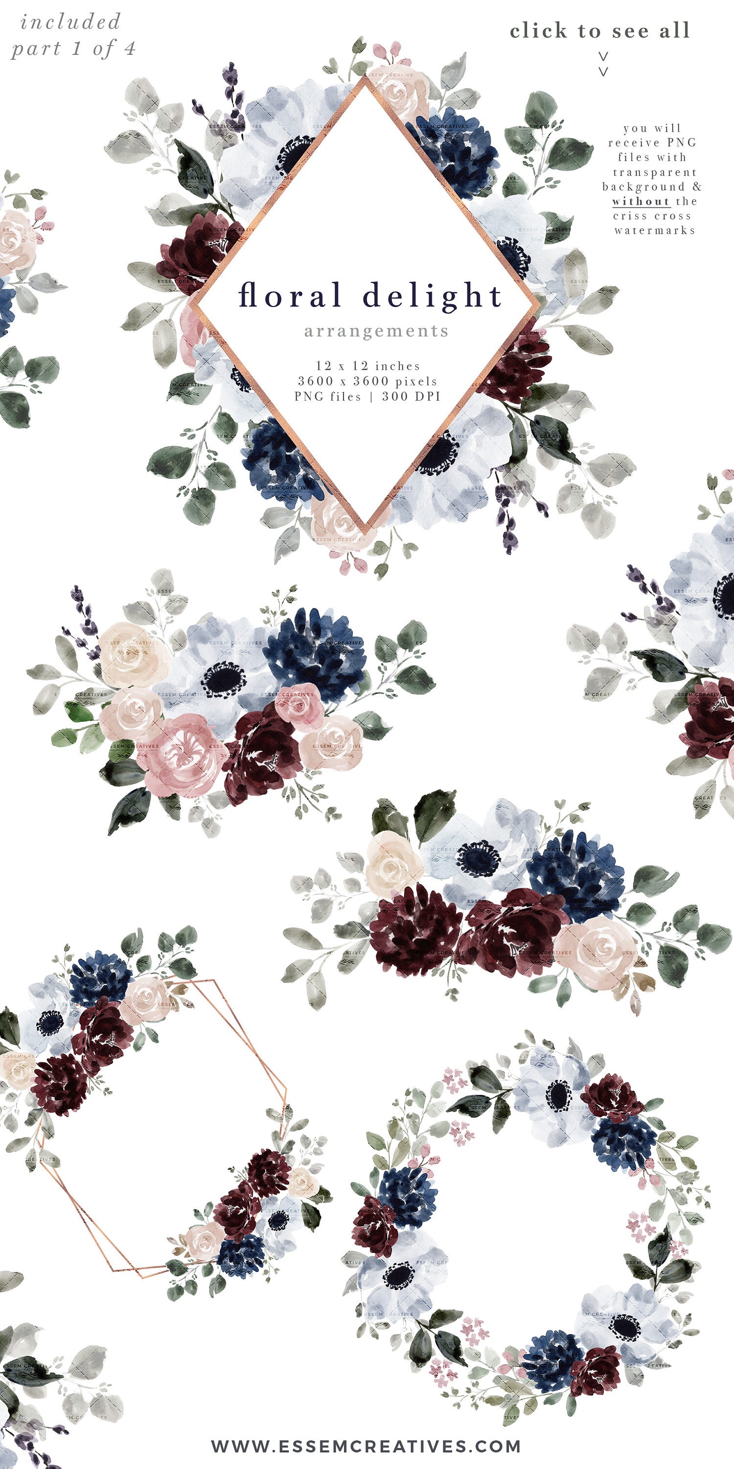 Watercolor Flowers Clipart Floral Clipart Dusty Blue Navy | Etsy