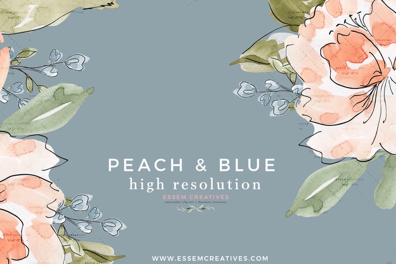 Peach and Blue Flowers Clipart, Watercolor Floral Clip Art, Spring ...