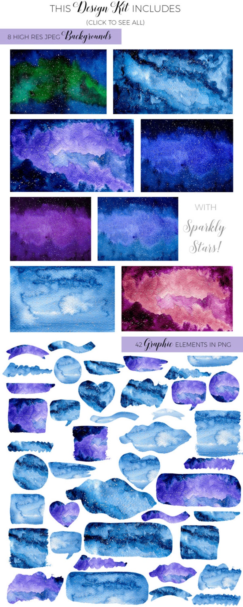 Ultimate Watercolor Galaxies Design Kit, Starry Night Background, Navy ...