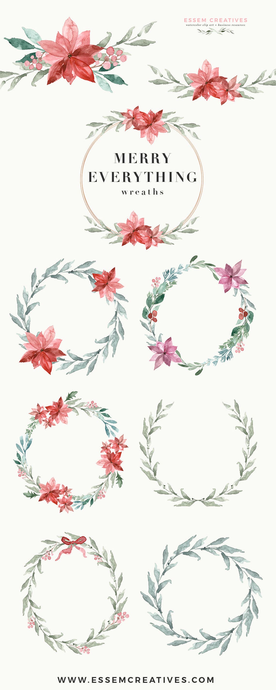 Watercolor Christmas Wreath Clipart Poinsettia Clipart - Etsy