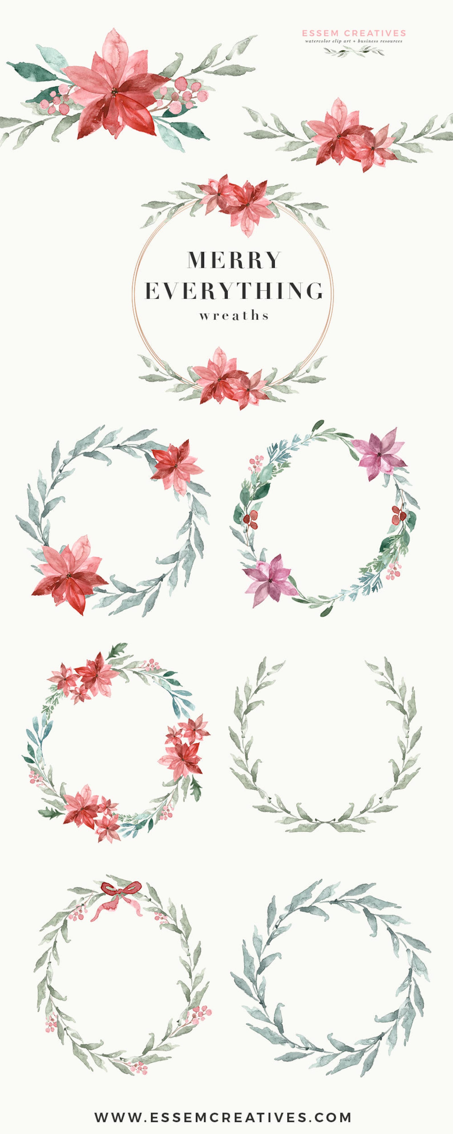 Watercolor Christmas Wreath Clipart Poinsettia Clipart - Etsy