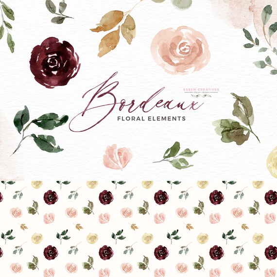 Burgundy Watercolor Floral Clipart Fall Flowers Clip Art - Etsy
