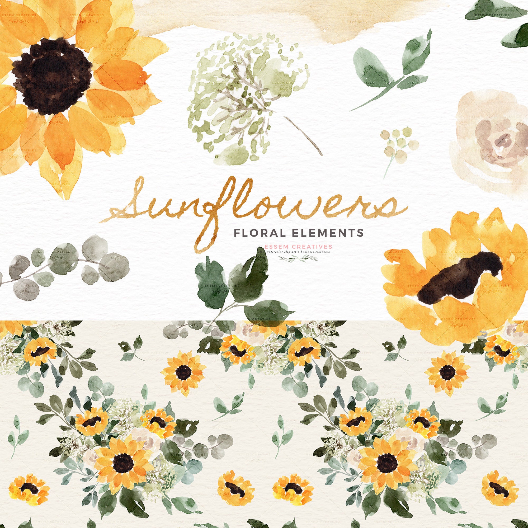 Watercolor Sunflowers Babys Breath Clipart Rustic Fall | Etsy