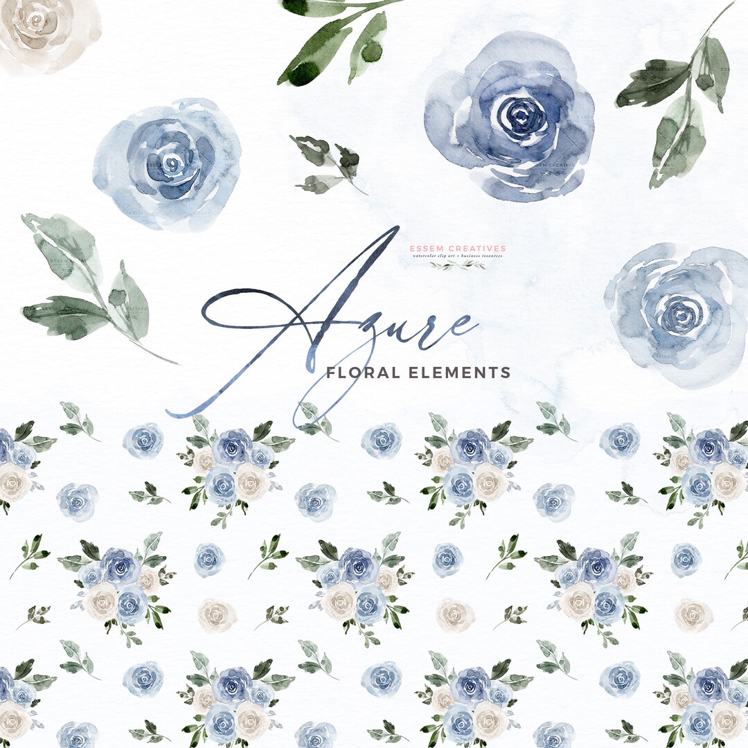 AZURE Blue Watercolor Flowers Clipart, Winter Floral Clip Art, Pale ...