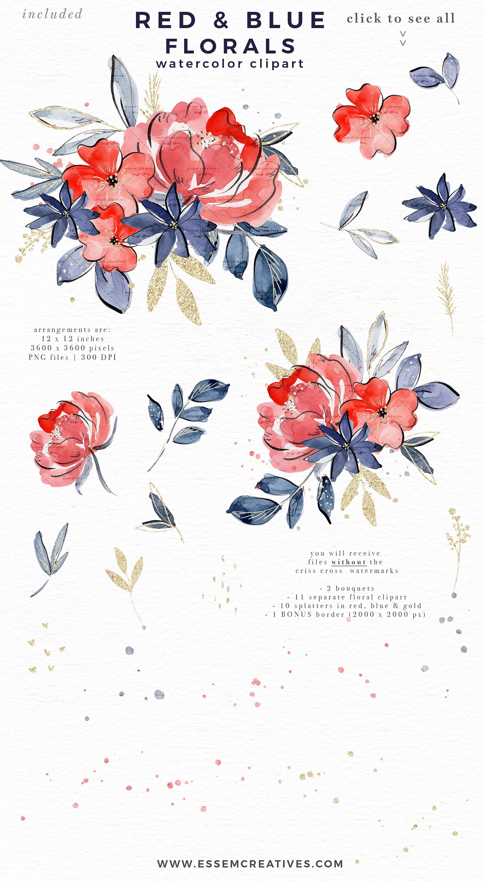 4th of July Watercolor Flowers Clipart Red Blue Gold Floral | Etsy