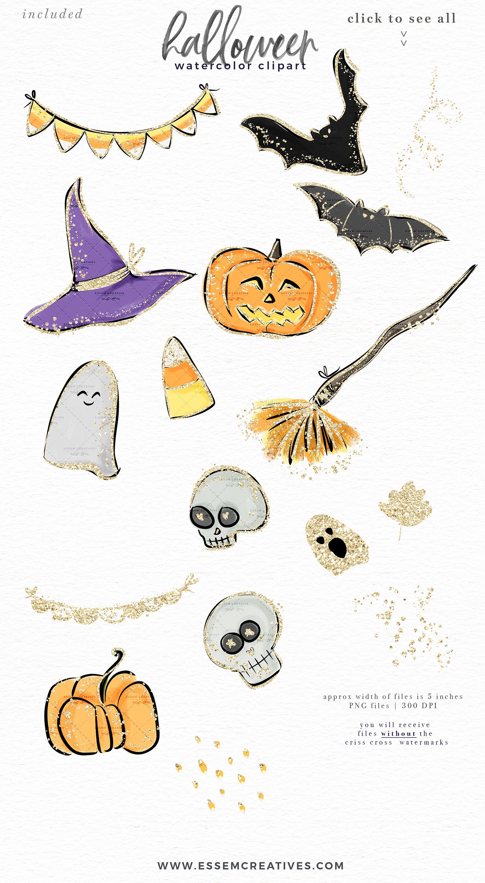 Watercolor Halloween Clipart With Gold Glitter Spooky - Etsy