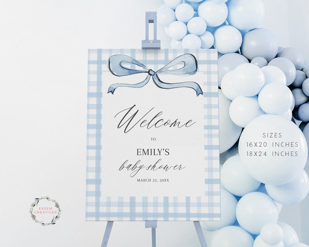 Editable Baby Blue Boy Baby Shower Welcome Sign Template, Gingham Bow ...
