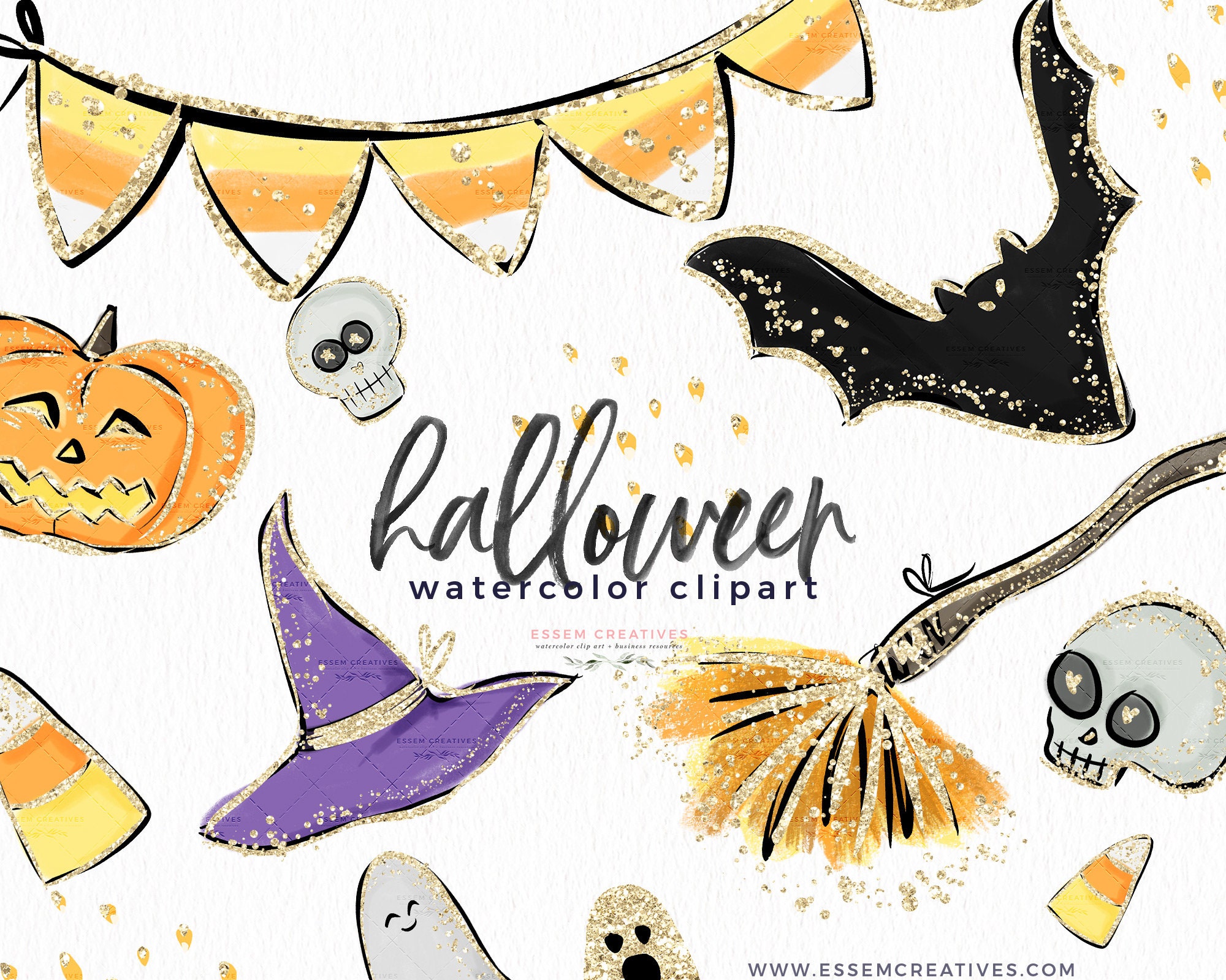 Watercolor Halloween Clipart With Gold Glitter Spooky - Etsy