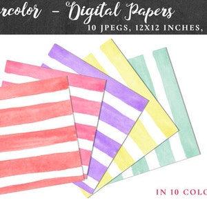 Watercolor Stripes Digital Papers, Printable Scrapbook Paper, 12x12 ...