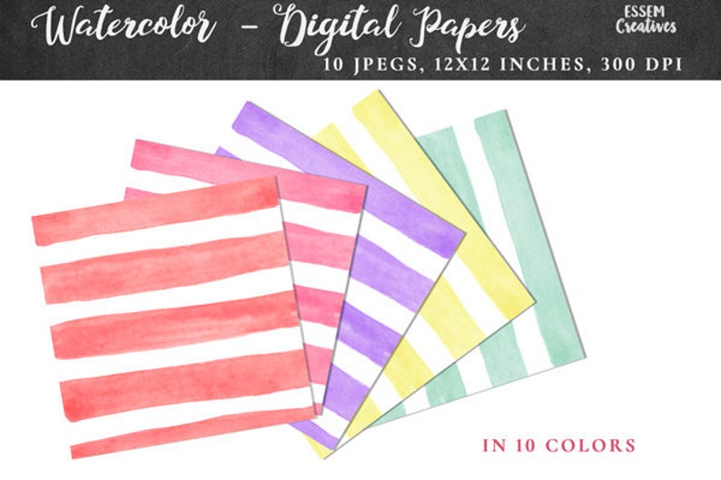Watercolor Stripes Digital Papers, Printable Scrapbook Paper, 12x12 ...