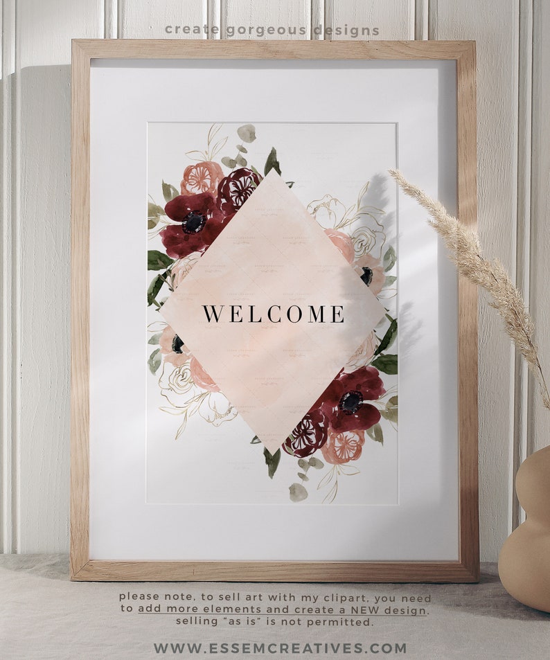 Burgundy Blush Floral Clipart, Boho Wreath Clipart, Watercolor Frame ...