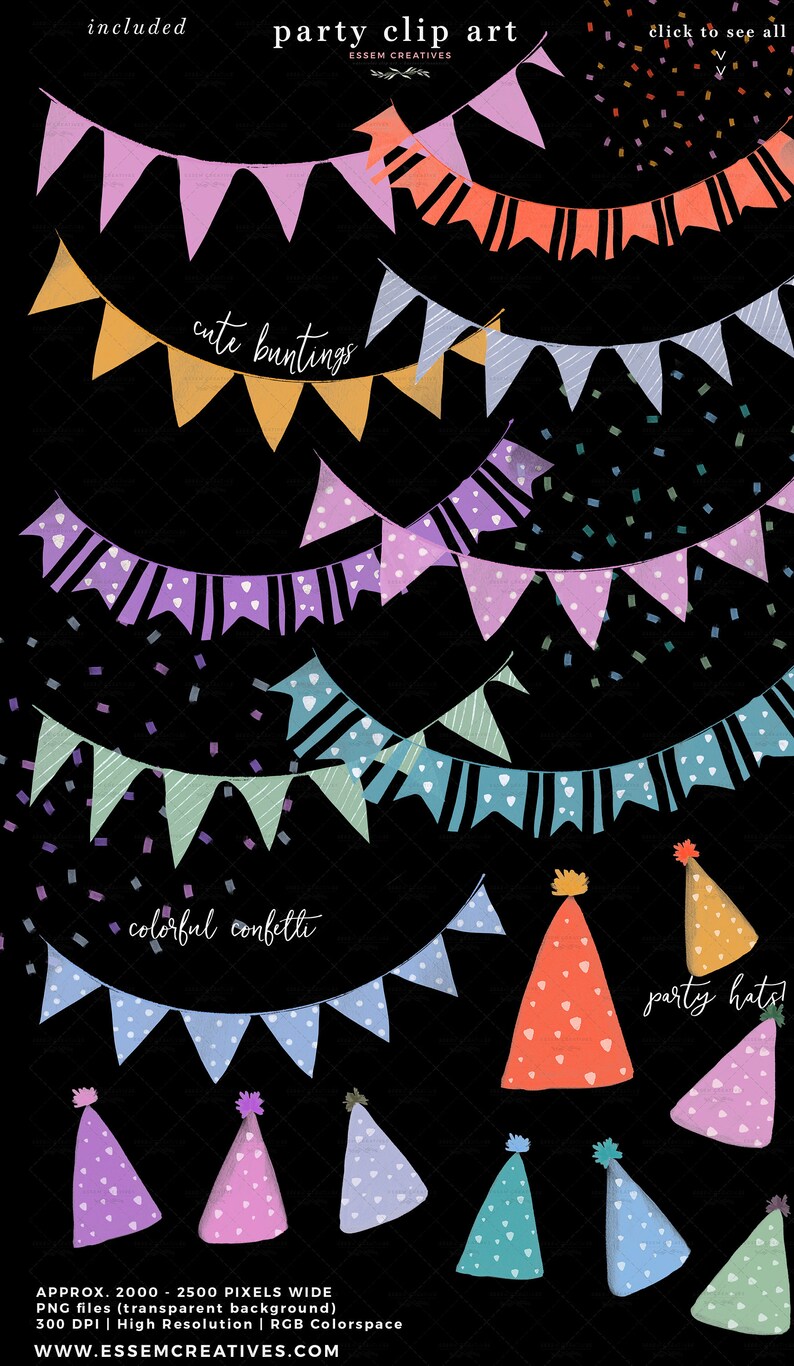 Watercolor Party Clipart, Party Hat Bunting Banner Confetti Clip Art ...