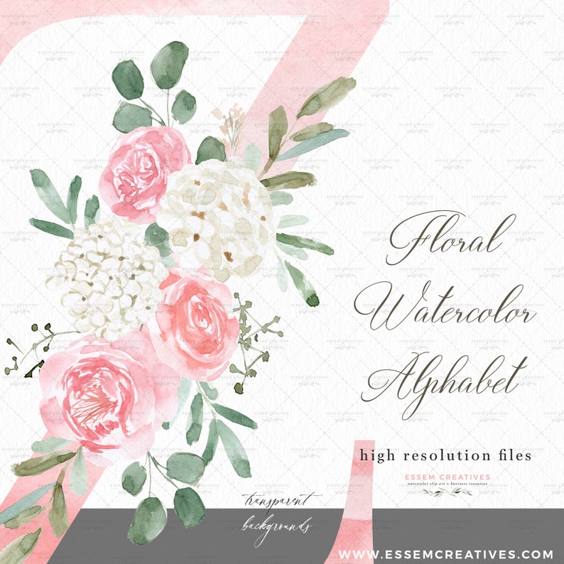 Blush Watercolor Floral Alphabet Clipart, Pink White Watercolor Flowers ...