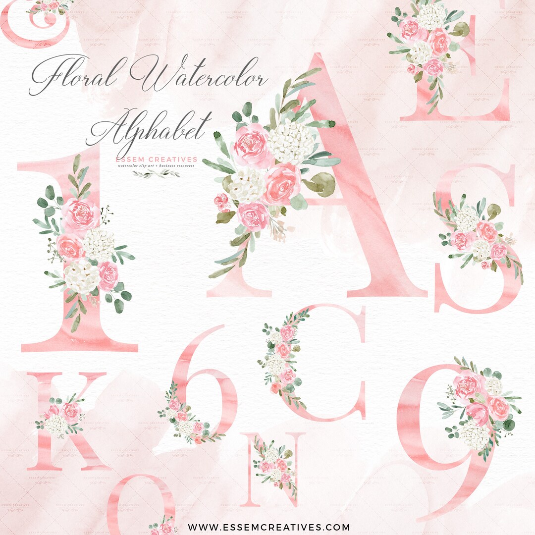 Blush Watercolor Floral Alphabet Clipart, Pink White Watercolor Flowers ...