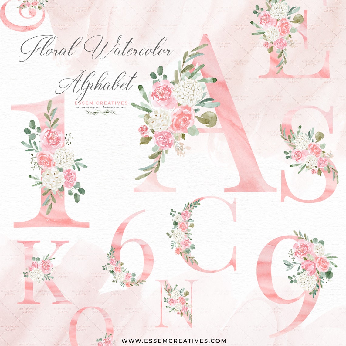 Blush Watercolor Floral Alphabet Clipart Pink White - Etsy