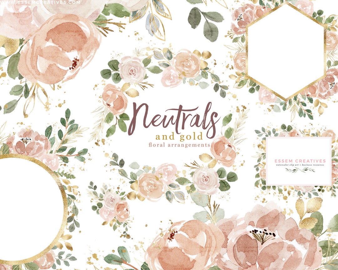 Neutral Watercolor Flowers Clipart, Peach Gold Floral Watercolor ...