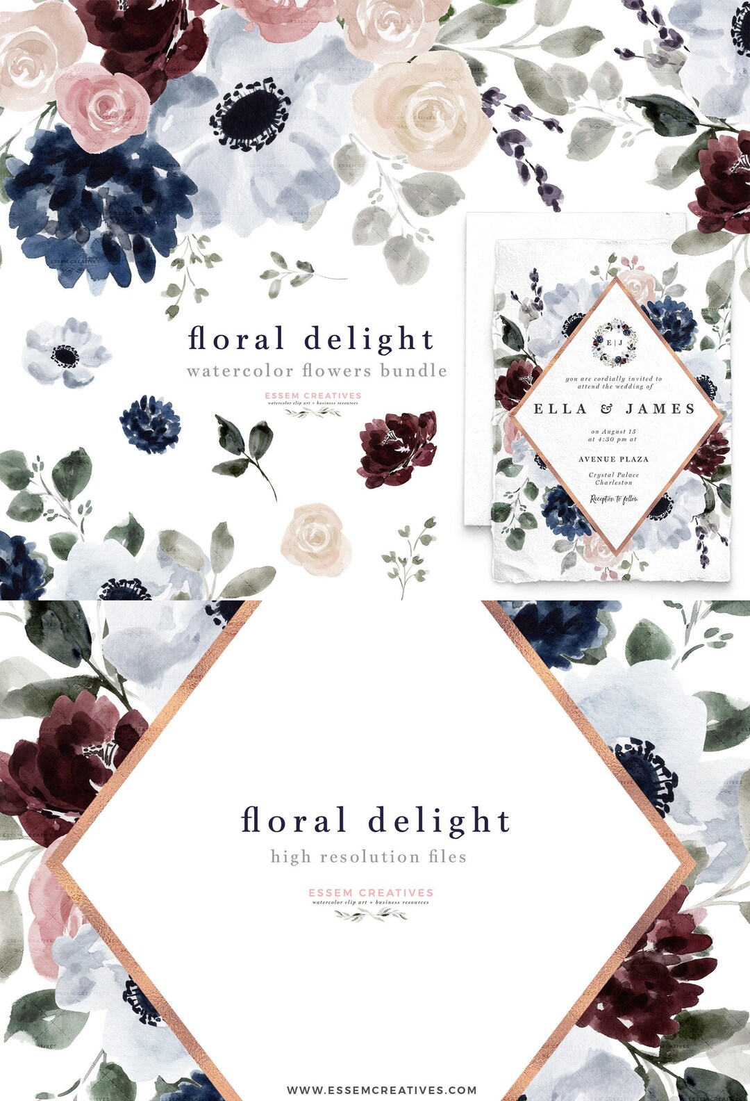 Watercolor Flowers Clipart, Floral Clipart, Dusty Blue Navy Burgundy ...