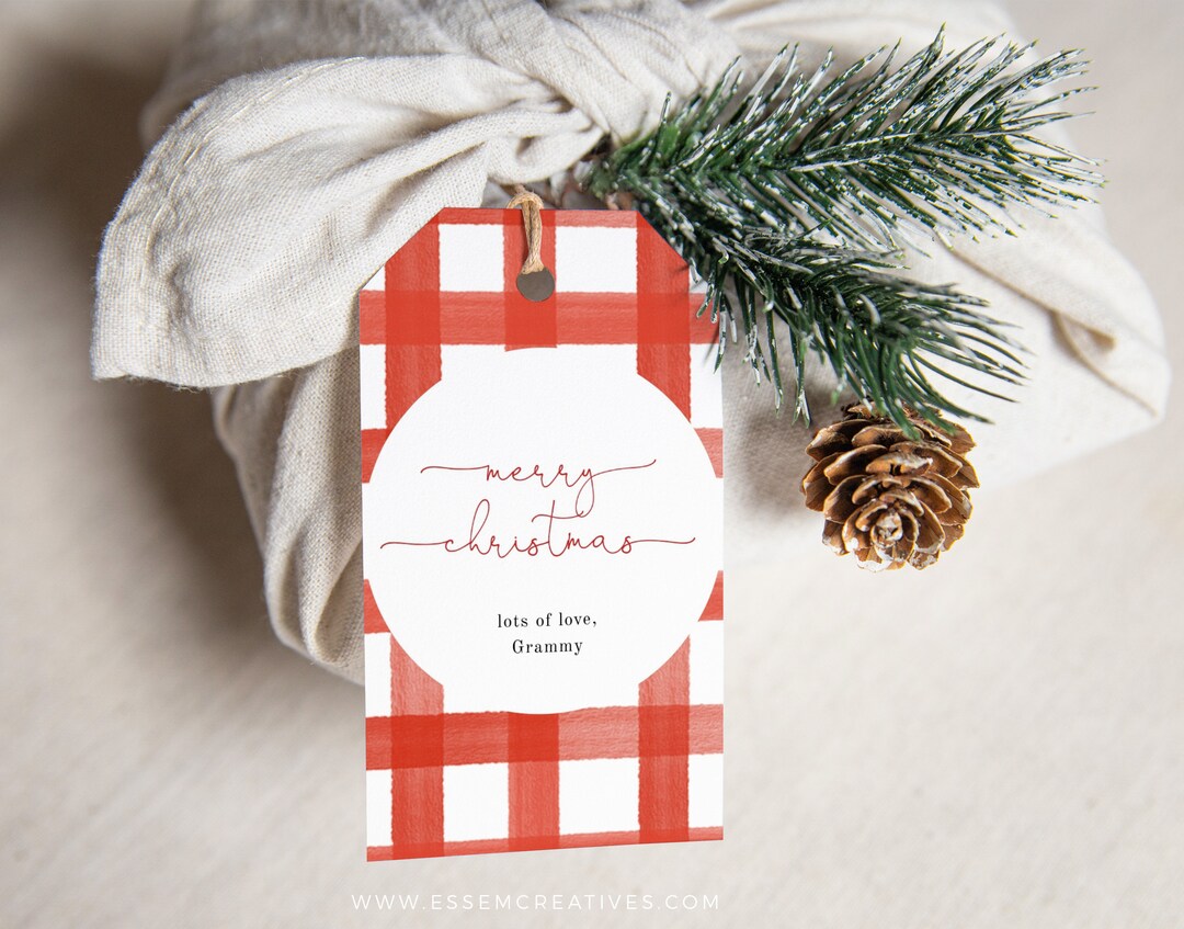 Red Gingham Gift Tag, Watercolor Christmas Plaid Tag, Holiday Gift Tag ...