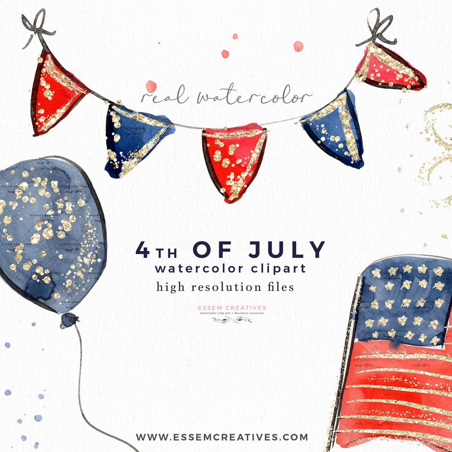 4th of July Clipart, Patriotic Clip Art, Watercolor July Fourth ...