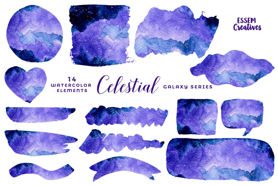 Purple Watercolor Galaxy Clipart, Navy Silver Watercolor Brush Strokes ...