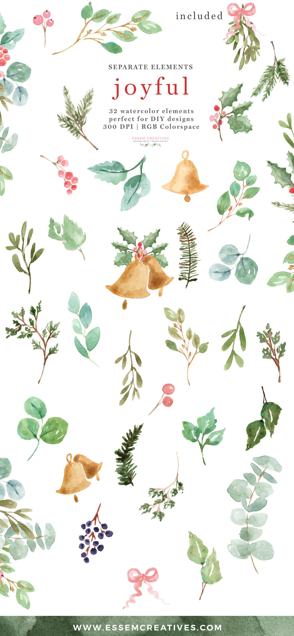 Watercolor Christmas Clipart Winter Greenery Leaves Branch | Etsy