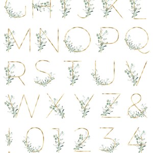 Greenery and Gold Watercolor Floral Alphabet Clipart, Neutral ...