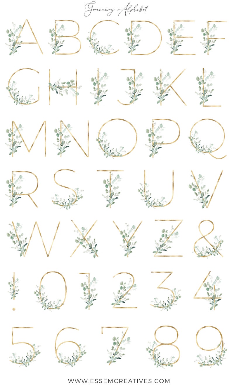 Greenery and Gold Watercolor Floral Alphabet Clipart Neutral - Etsy