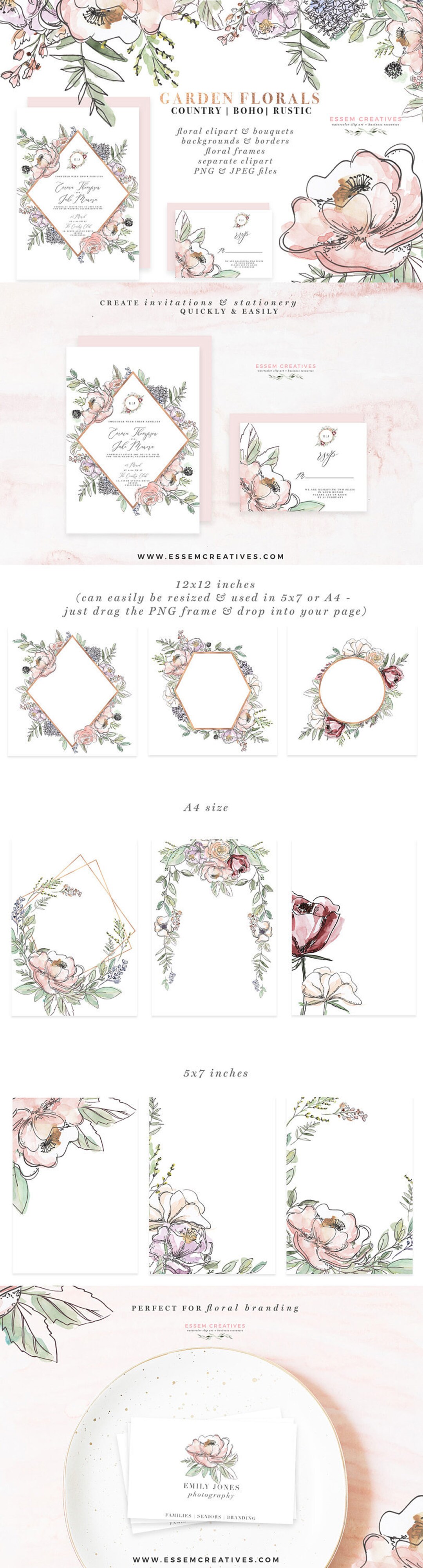 Garden Watercolor Flowers Clipart, Digital Papers, Country Cottage Boho ...
