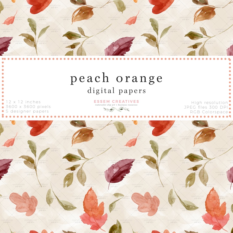 Peach Orange Floral Digital Paper Seamless Repeat Patterns, Fall Floral ...
