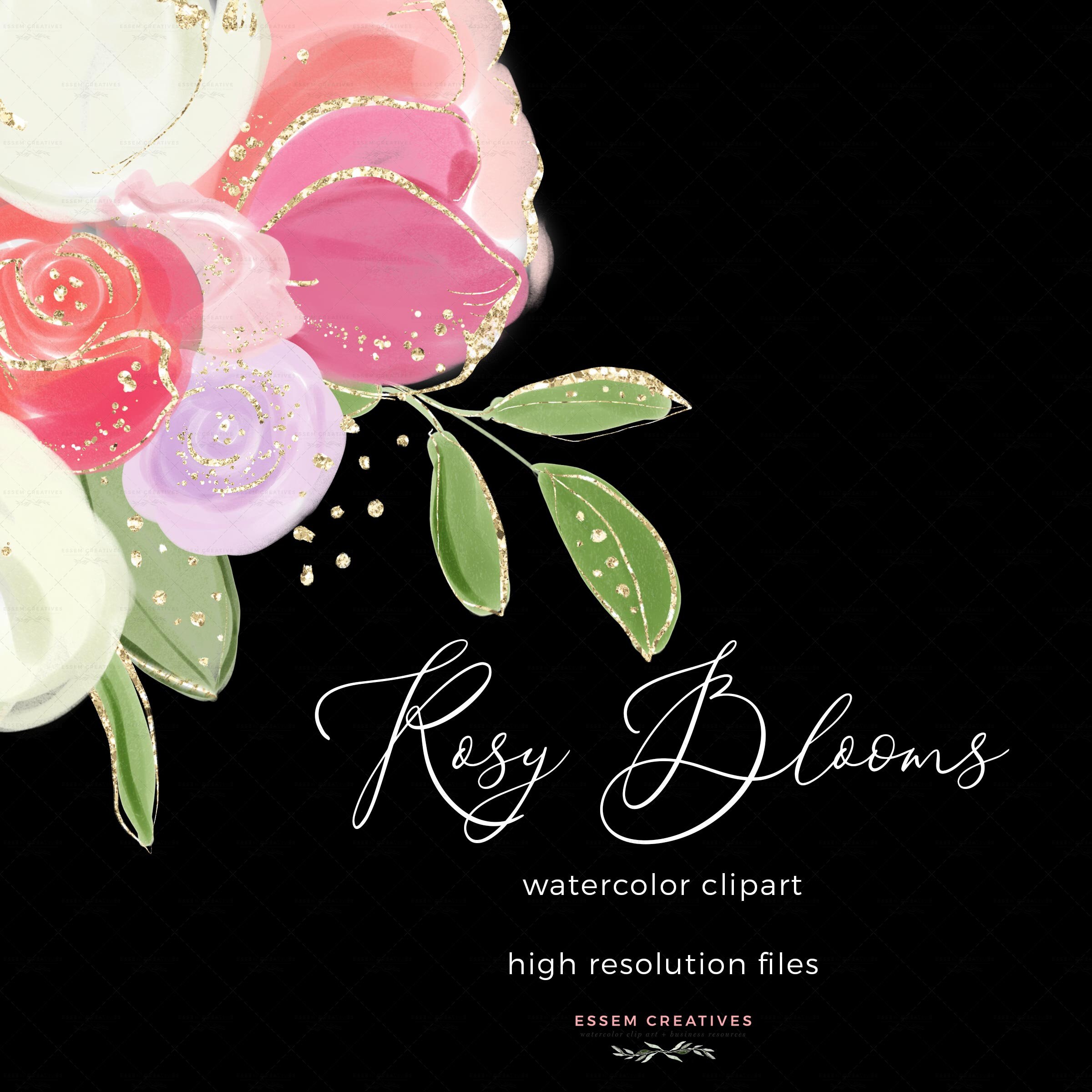 Pink & Purple Floral Watercolor Clipart: Sparkling Rosy Blooms | Frames ...