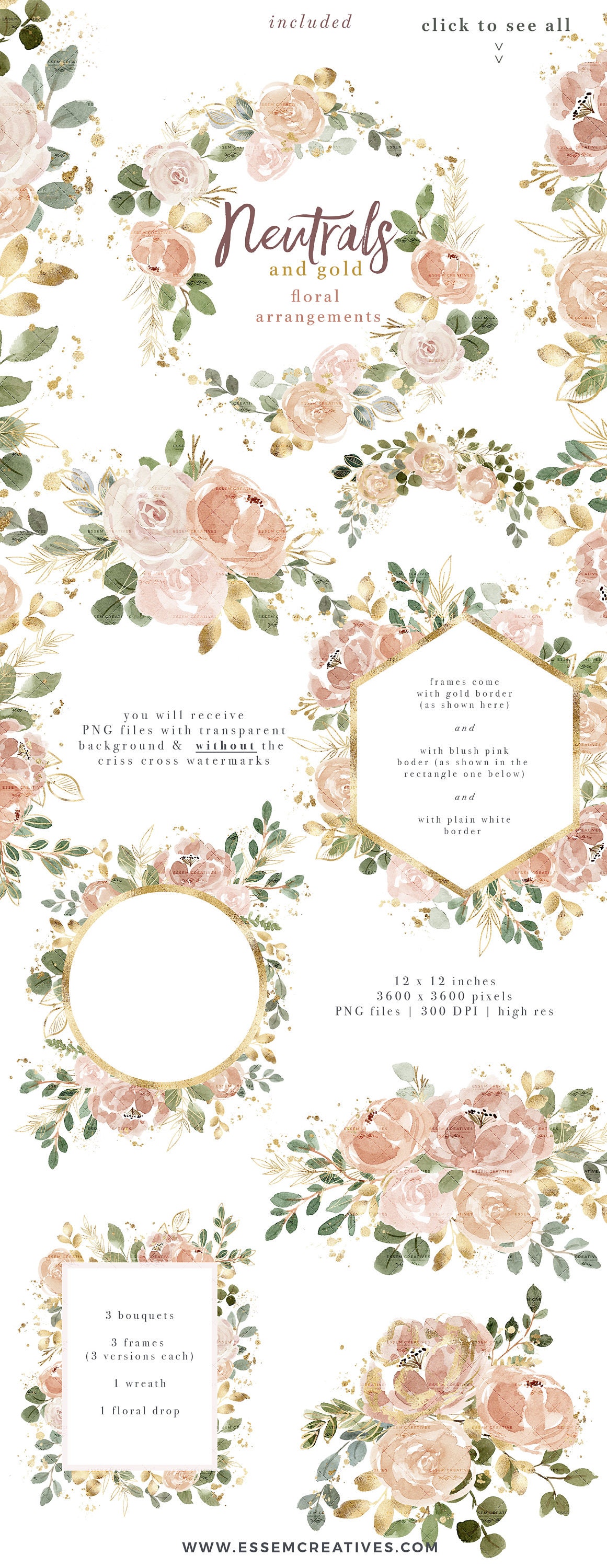 Neutral Watercolor Flowers Clipart Peach Gold Floral | Etsy